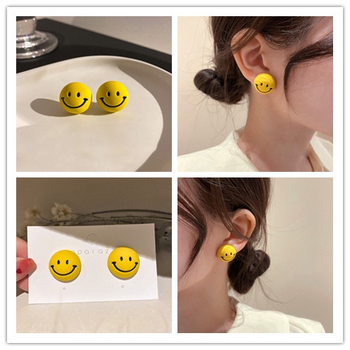 woman korea small fresh Yellow Smiley face ear Stud Earrings jewelry ...