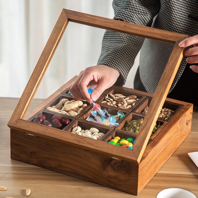 Handmade Teak Nine Grid Classification Storage Box, Dried Fruit, Candy ...