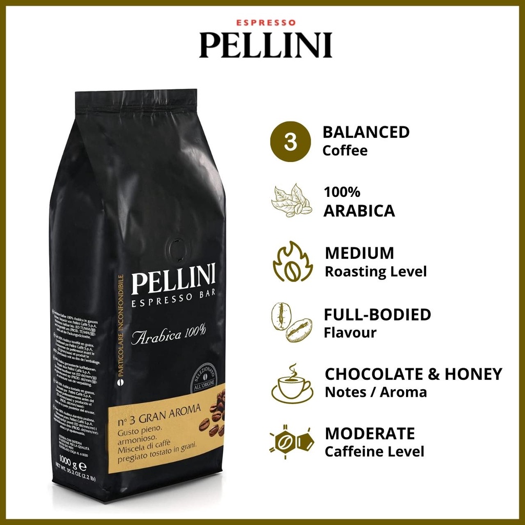 Pellini No. 3 Gran Aroma Arabica Whole Bean Coffee 1kg / Medium Roasted Arabica Coffee Bean 1kg ...