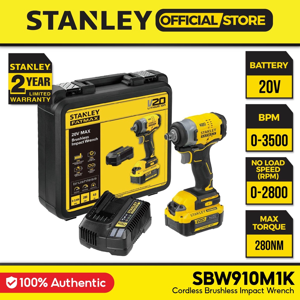 STANLEY SBW910M1K-B1 20V Cordless Brushless Impact Wrench With 1x4.0Ah ...