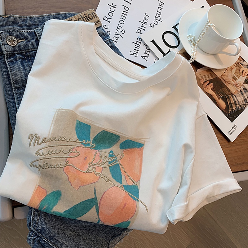 100% Cotton Japanese Oil Painting Flowers Print T-shirt Women Oversized ...