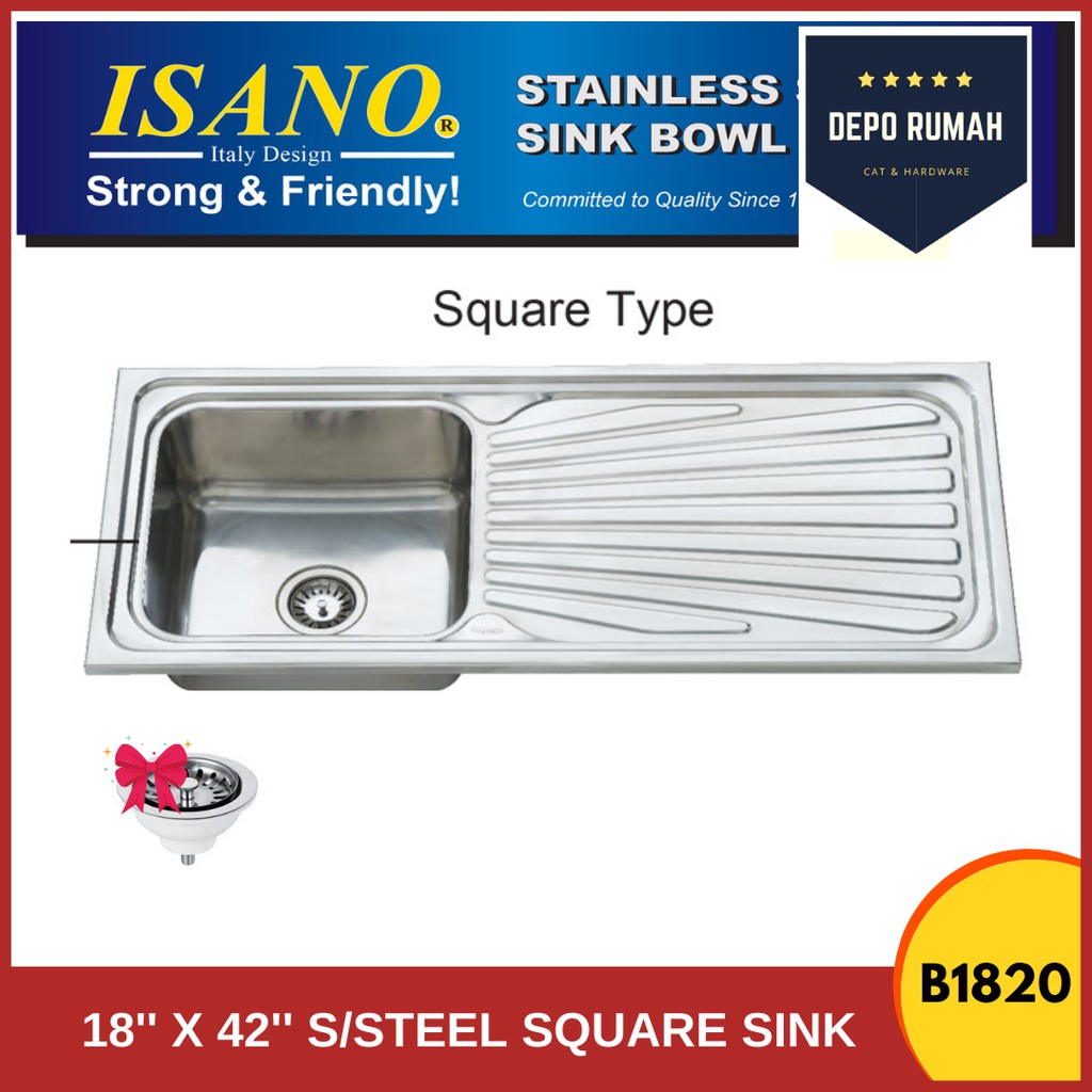 B1820 18'' X 42'' ISANO Stainless Steel Square Type Sink Bowl (190mm x ...