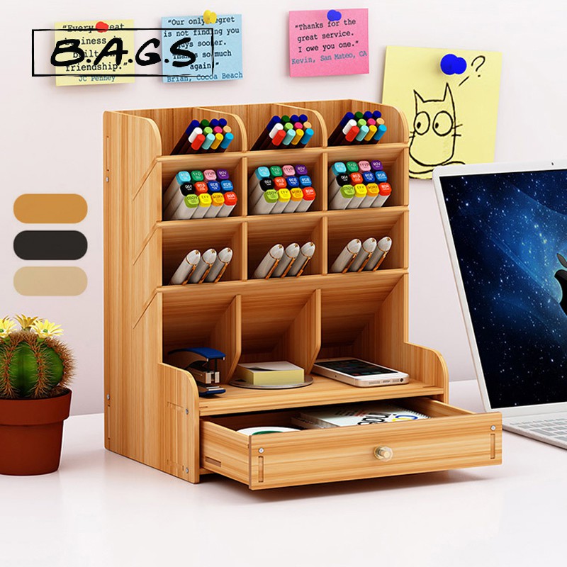 TheBags Office Student Desktop Multi Layer Pen Holder Wooden Desk ...