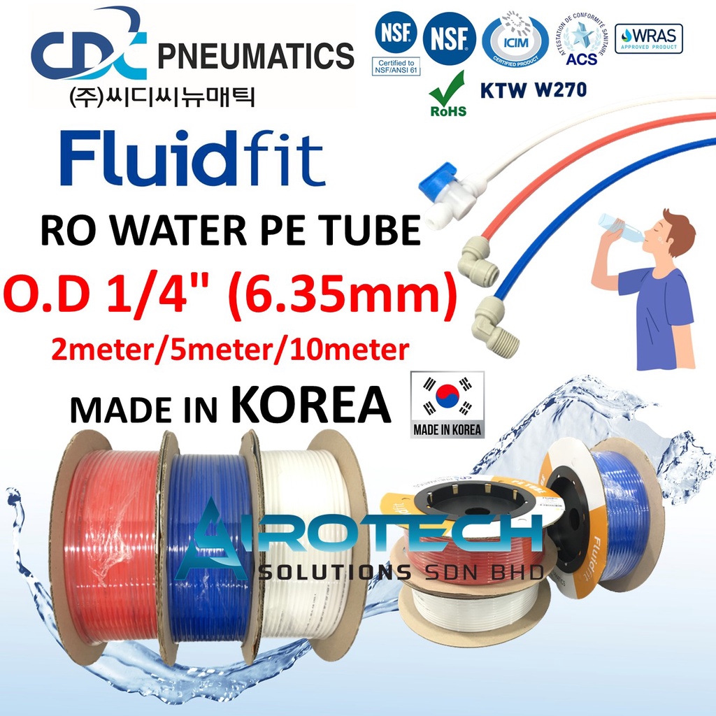 CDC Fluidfit [MADE IN KOREA] 1/4" OD RO Water Tube PE Hose Water Filter Pipe System RO Tube Cert ...