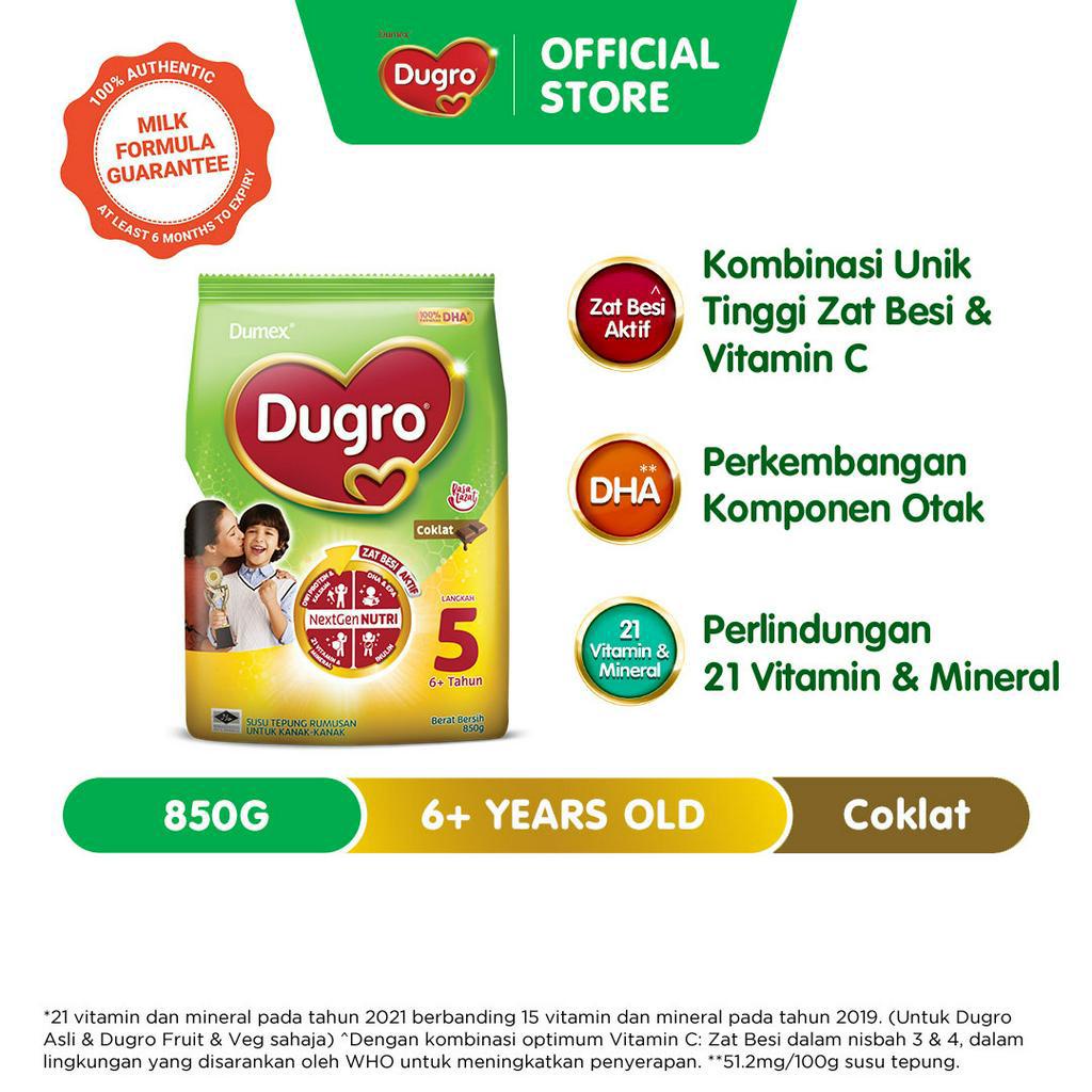 Dumex Dugro Step 5 Chocolate Growing Up Milk Formula 6+ years (850g ...