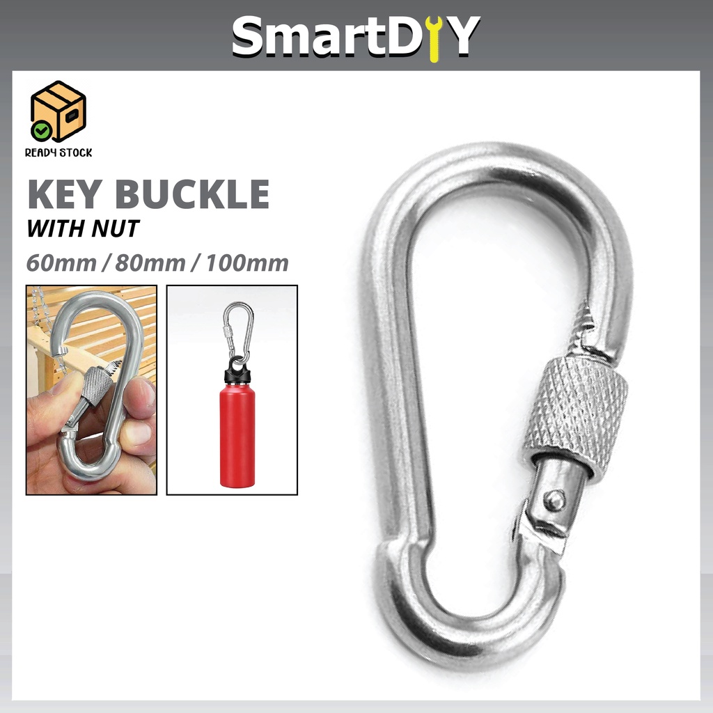 Steel CHROME Spring Carabiner Snap Hook With Nut Keychain Quick Link ...