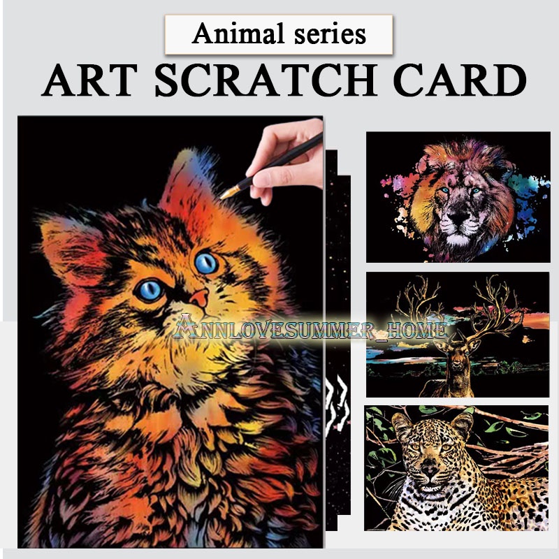 【𝗔𝗦𝗛】Animal Series 🐱Scratch Art Card Fun DIY Paint Anti-Stress for kids ...