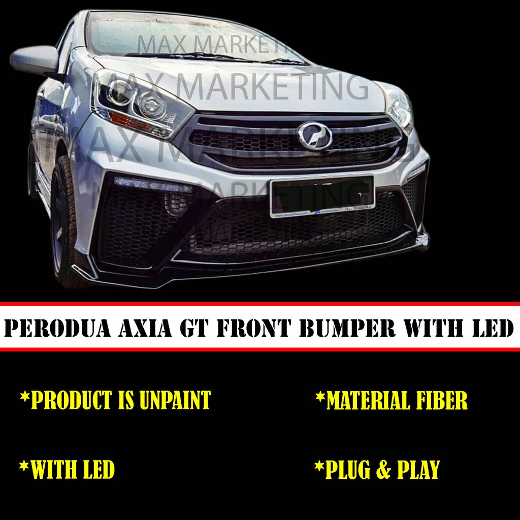 PERODUA AXIA FRONT BUMPER WITH LED (GT) 2017-2021 FIBER SKIRT LIP ...