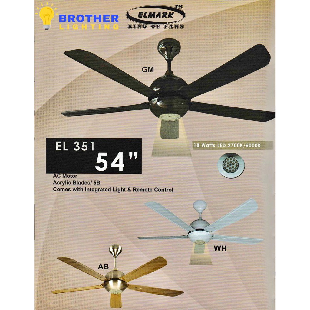 EL351 Elmark Celling Fan 54 inch 5 Blade With 18W LED Lamp Ac Motor ...