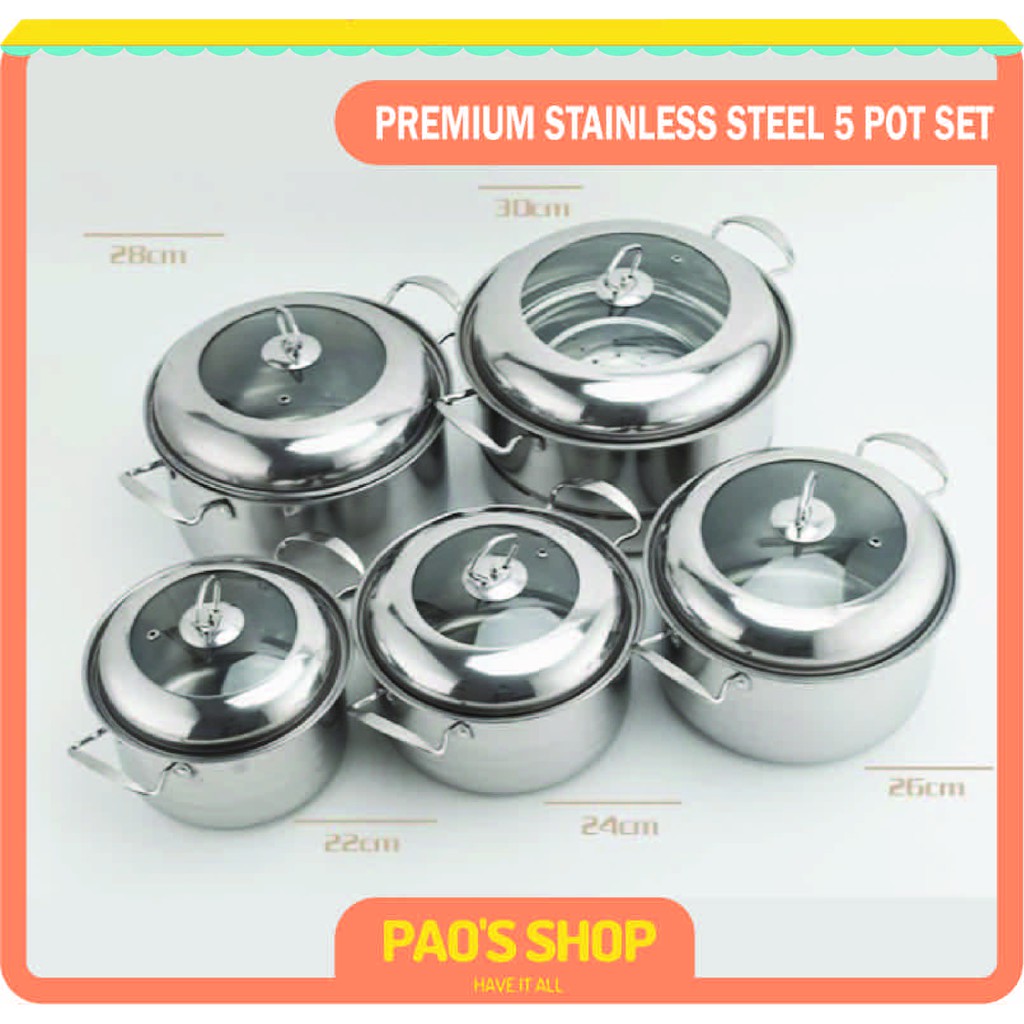 PAO’S SHOP PREMIUM STAINLESS STEEL POT SET 5 POT SET WITH BROWN GLASS ...