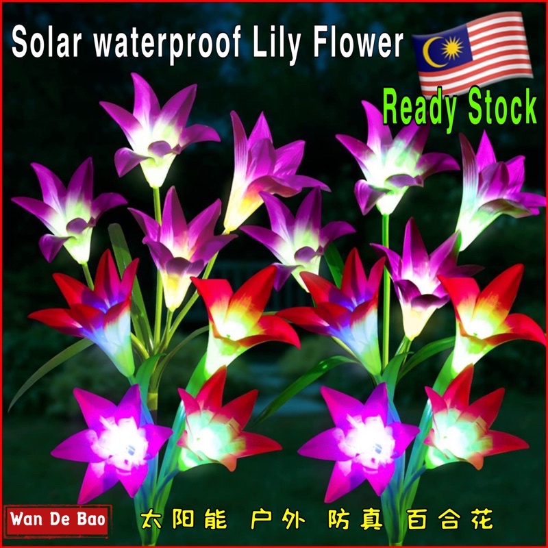 🇲🇾Ready Stock🔥Solar LED Lily 4 Flowers Lights Waterproof Outdoor Garden ...
