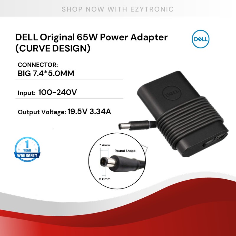 DELL ORIGINAL 65W 19.5V 3.34A (CURVE DESIGN) CONNECTOR: BIG 7.4*5.0MM ...