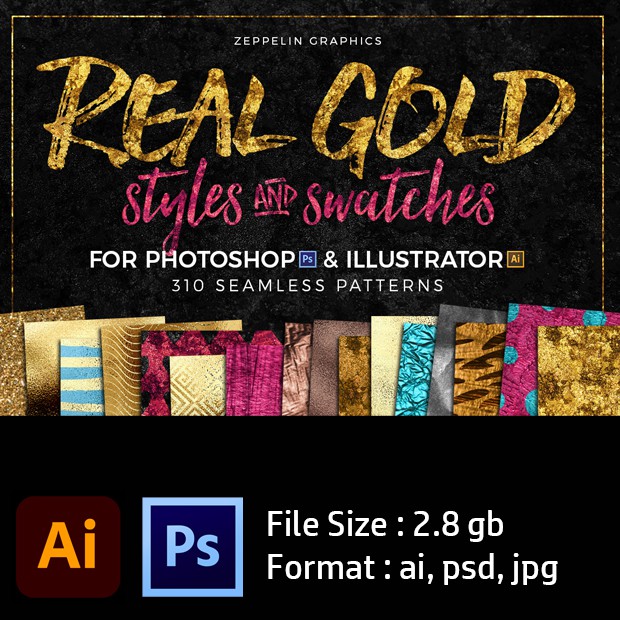 Photoshop / illustrator - Real Gold 310 Styles & Swatches (Ai, PSD, PNG ...