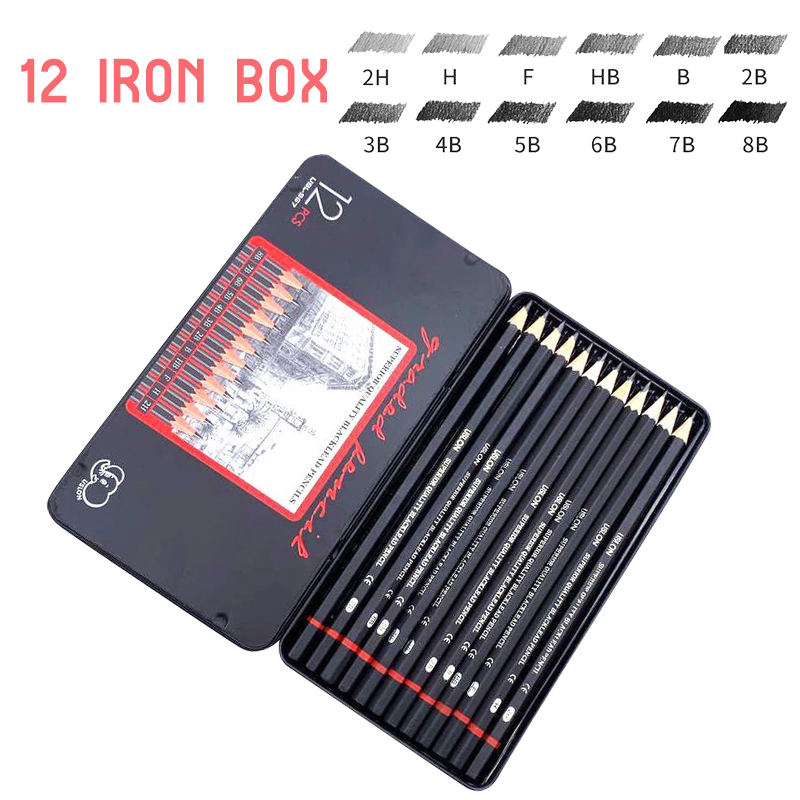 12 PCS/Lot Wooden Lead Pencils Set 2H-8B Metal box packed Professional ...