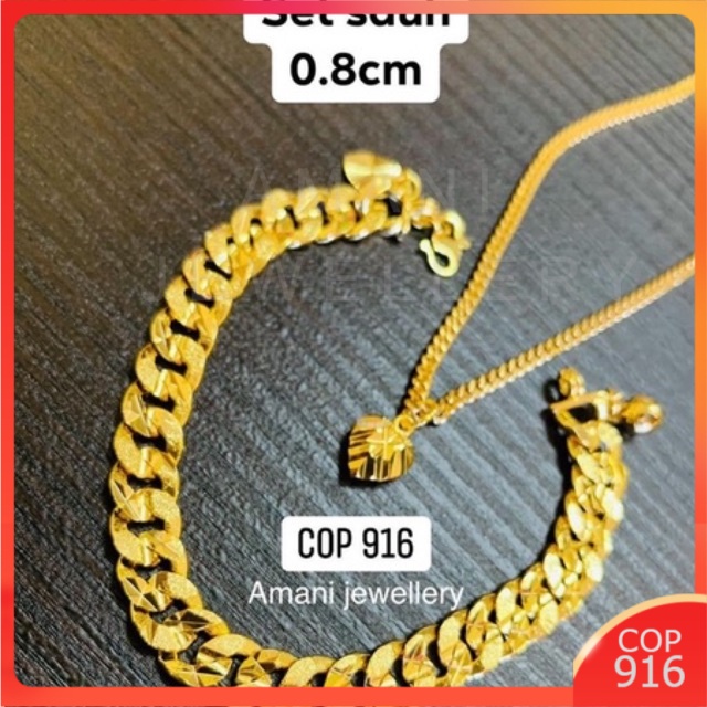 Aulia - Set 2in1 Gelang Tangan & Rantai Leher C0P 916 Emas Korea dewasa & budak Gold Plated ...