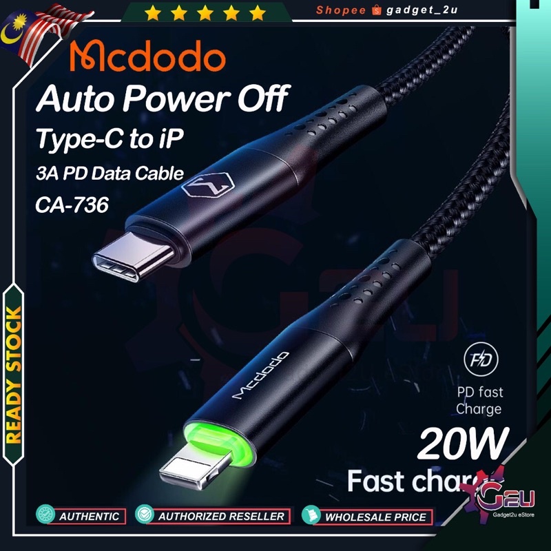 Original Mcdodo CA-736 Auto Power Off Type-C to iP PD Cable, Auto Disconnect Type-C to iP 3A ...