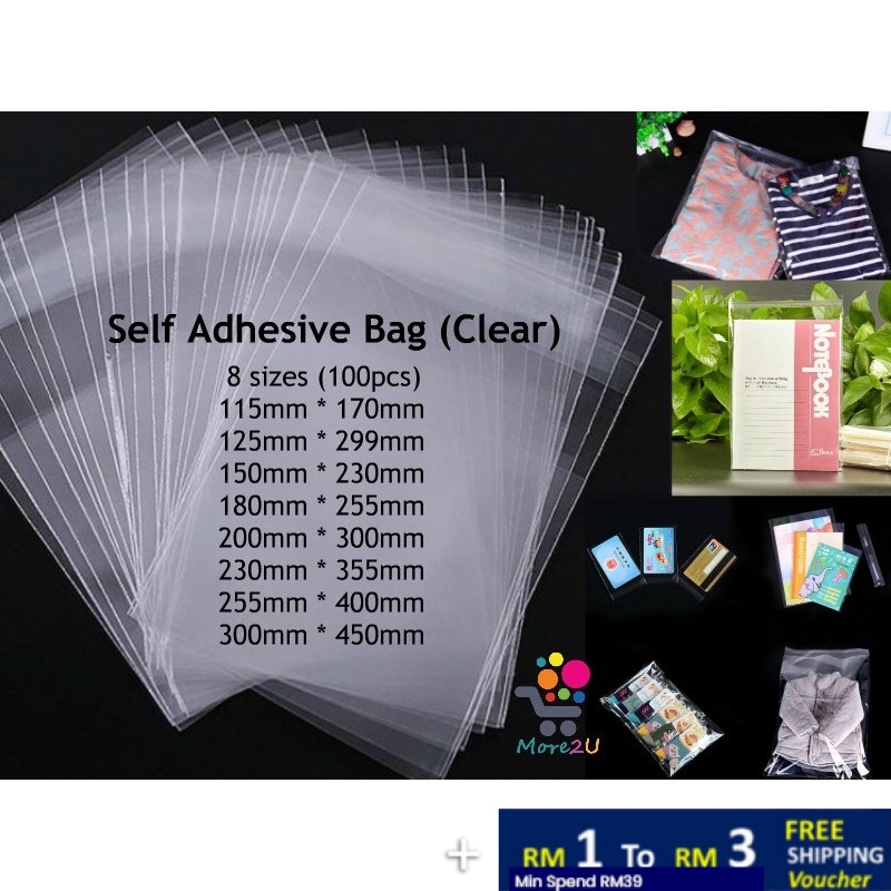 [100 pcs] OPP Self Adhesive Plastic Bag/ 8 Sizes Clear OPP Plastics Bag ...