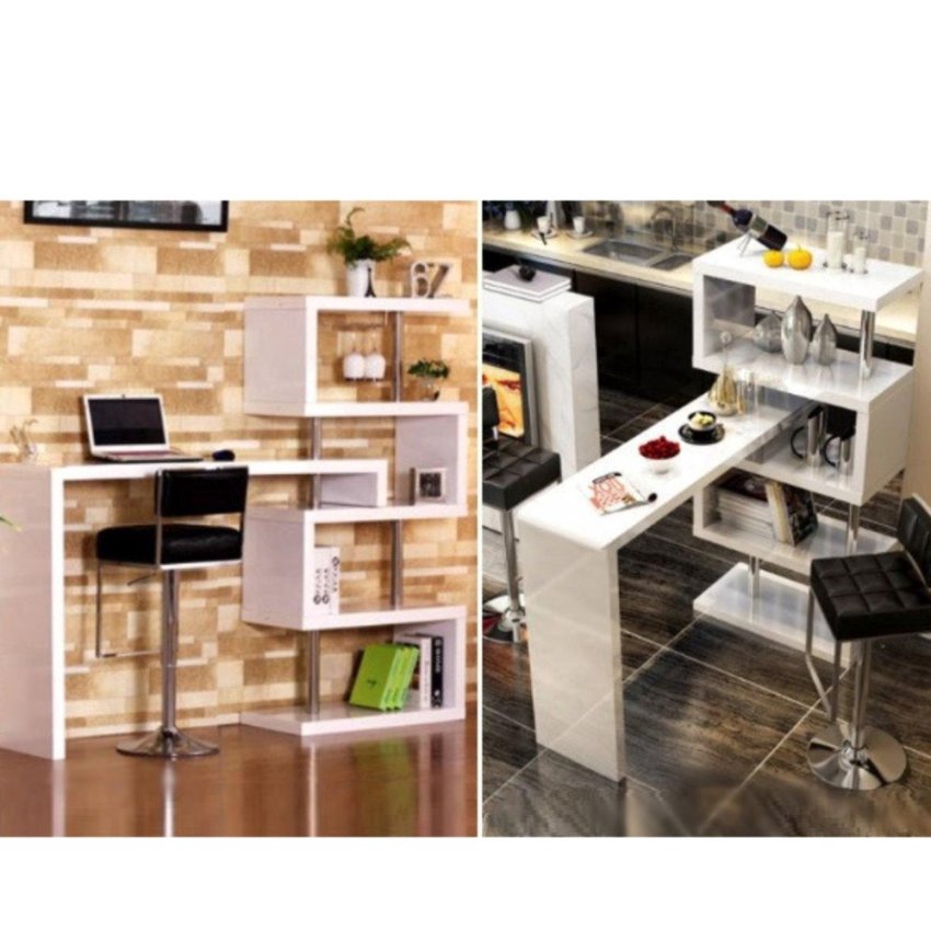 [READY STOCK] Wooden Table Bar with 4-Tier Swivel Storage Shelf (White ...