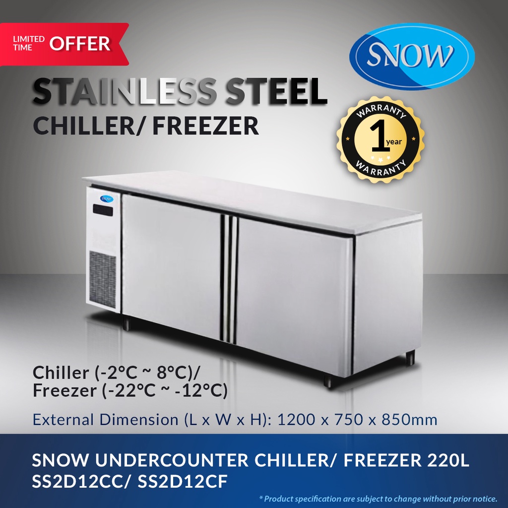 SNOW STAINLESS STEEL UNDERCOUNTER 2 DOOR CHILLER/ FREEZER 220L (1 year ...