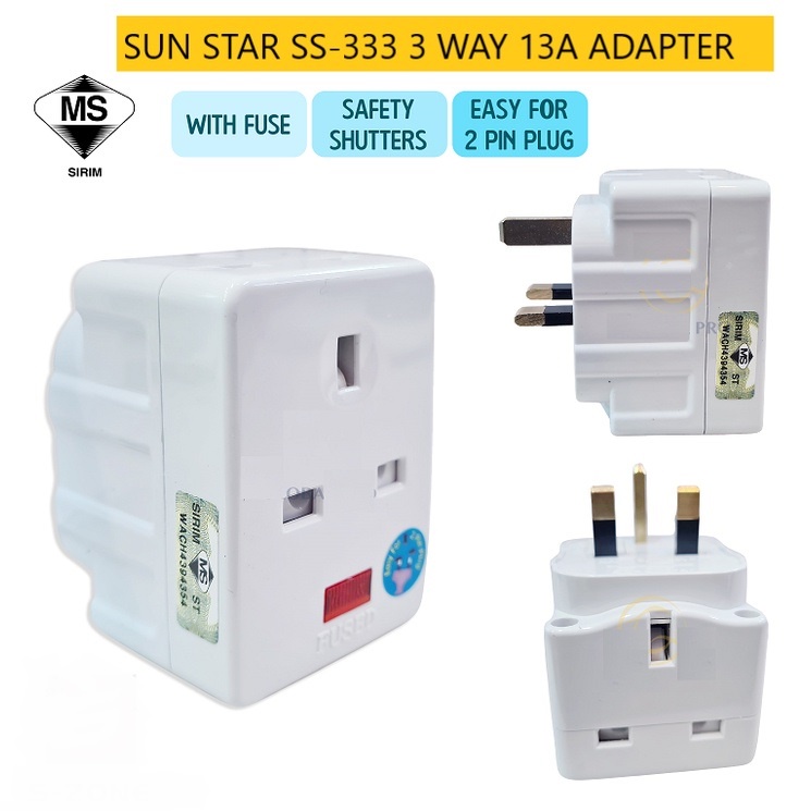 Sunstar 3 Way Adaptor with Neon Light Indicator 13A Adapter SE-333 ...
