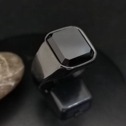 Stainless Steel Black Men's Ring With 13x23mm Black Agate. Cincin Steel ...