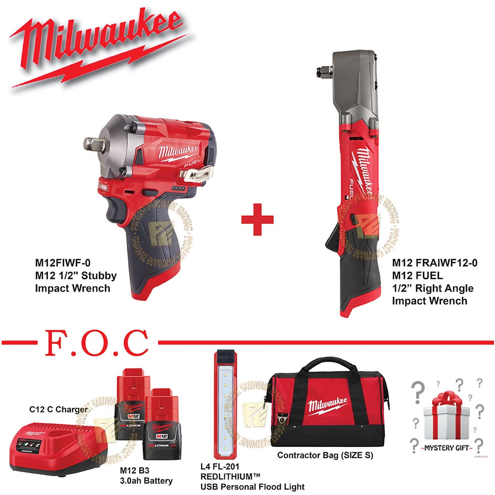 MILWAUKEE M12 FRAIWF12-0 M12 FUEL 1/2” Right Angle Impact Wrench ...