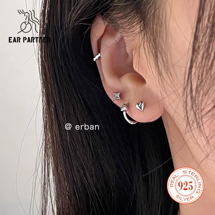 Ear Partner Tiny Cute S925 Sterling Silver Stud Earrings Zircon Hoop ...