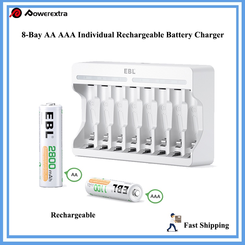 EBL 8-Bay AA AAA Rechargeable Battery Charger 5V 2A USB Cable Fast ...