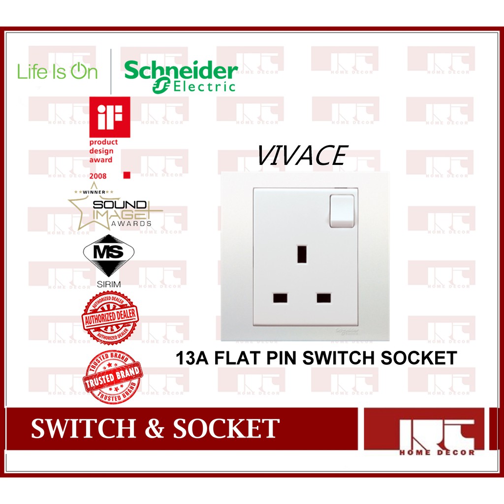SCHNEIDER VIVACE SERIES 13A FLAT PIN SWITCH SOCKET / WHITE / ALUMINIUM ...