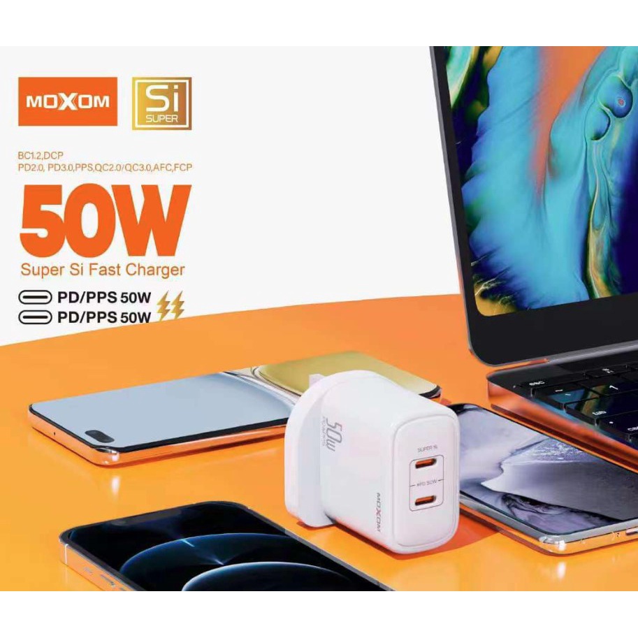 MOXOM PD PPS FAST CHARGING 45W 50W Si FAST CHARGER 3 Pin UK PLUG ...