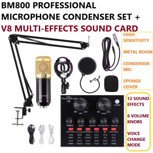 [Ready Stock] BM800 + V8 Sound Card Professional Studio Condenser Recording Microphone Set Live ...