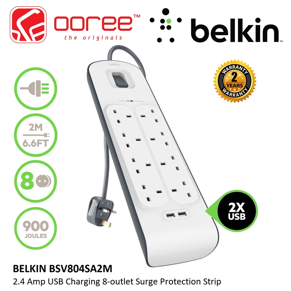 BELKIN BSV804SA2M 8 UK PLUGS + 2 USB EXTENSION SOCKET SURGE PROTECTOR ...