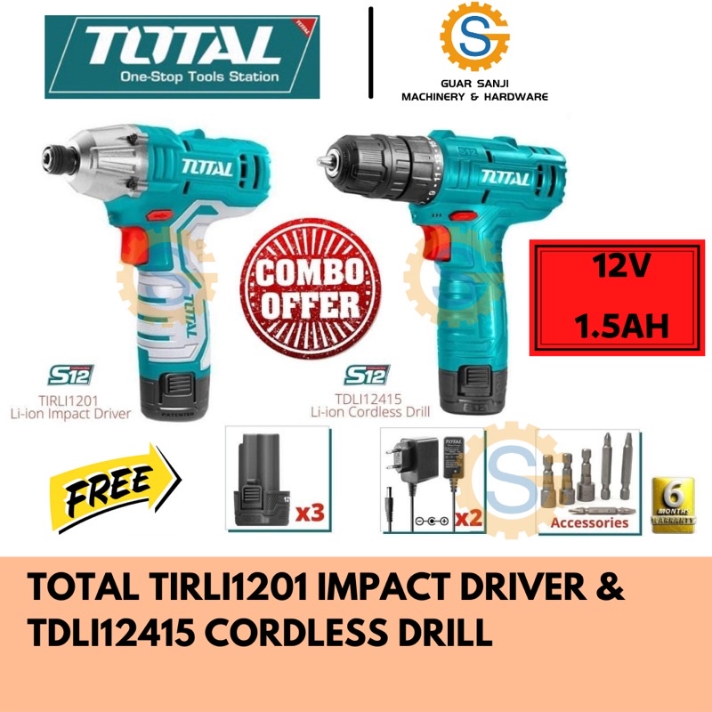TOTAL TIRLI1201 IMPACT DRIVER TDLI12415 CORDLESS DRILL 12V 1.5AH COMBO ...