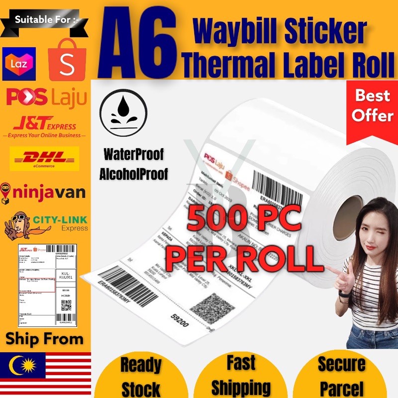 500PCS Roll/Fold A6 Thermal Sticker Thermal Paper Shopee Waybill ...