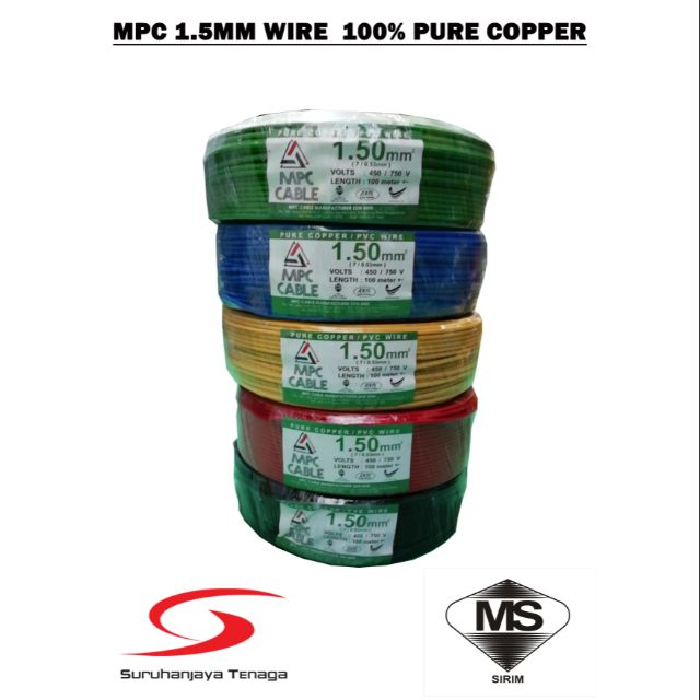 MPC 1.5MM² PVC WIRE WITH SIRIM APPROVED CABLE AND 100% PURE COPPER ...