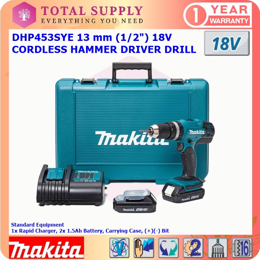 DHP453SYE MAKITA 13 mm (1/2") 18V CORDLESS HAMMER DRIVER DRILL / DHP453 ...