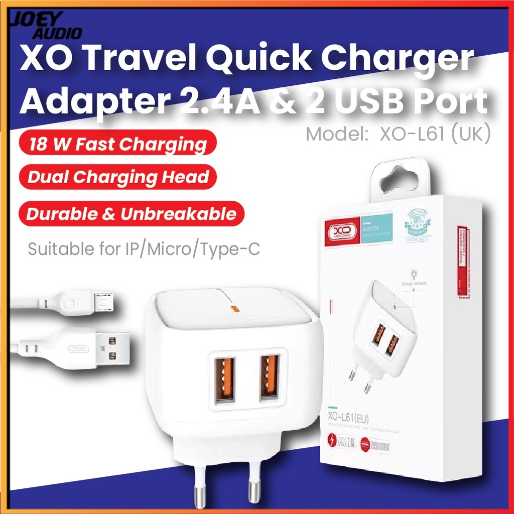 100% PREMIUM QUALITY XO L61 3 Pin Plug Travel Quick Charger Adapter 2.4A & 2 USB Port | Shopee ...