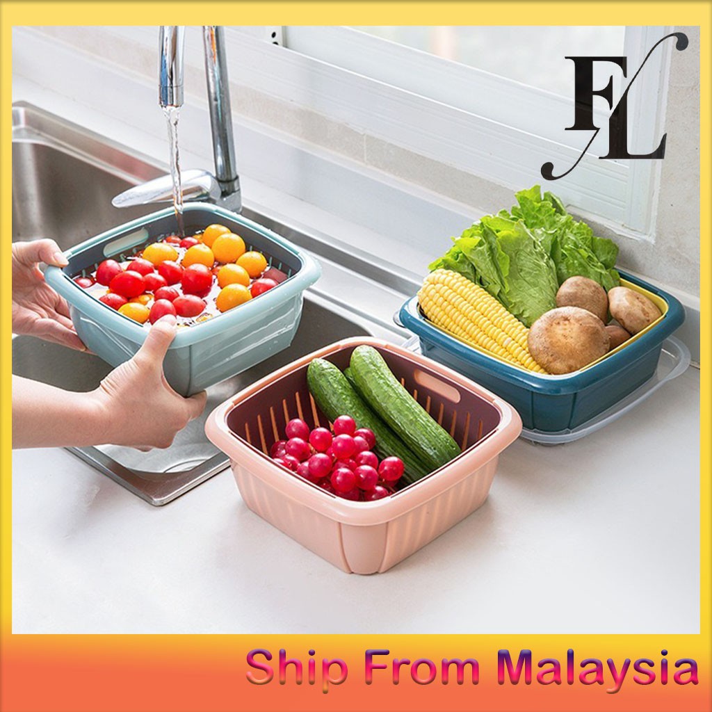 🌈Ready Stock🌈 Double Layer Rinse Drain Basket Fruit Vegetable Clean ...