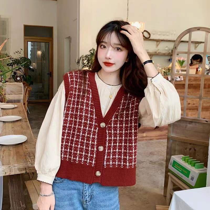 Korean Style Women Knitted Sleeveless Loose V Neck Knit Vest Loose V