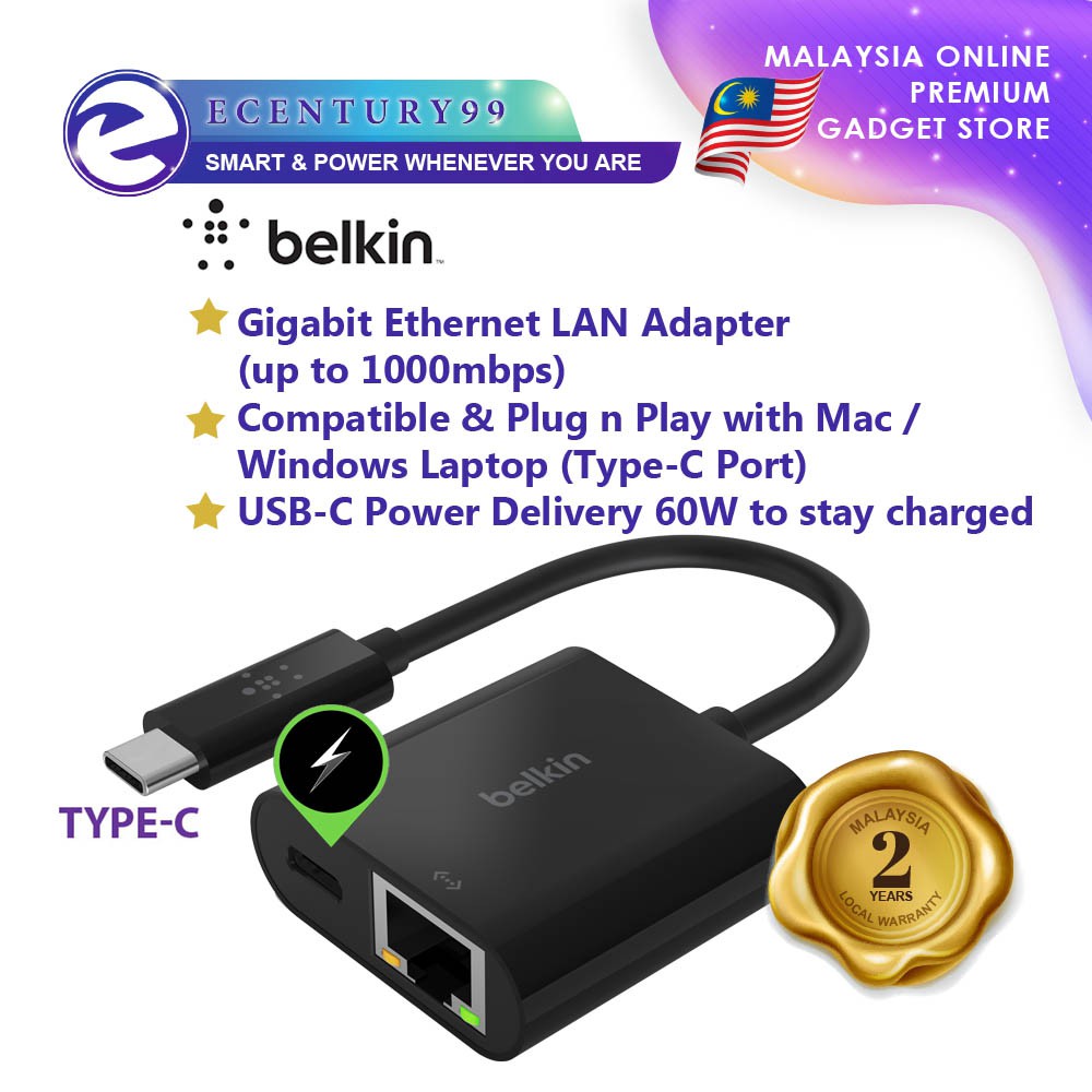 Belkin TYPE-C To Gigabit Ethernet RJ45 LAN Adapter 1000Mbps With USB-C ...