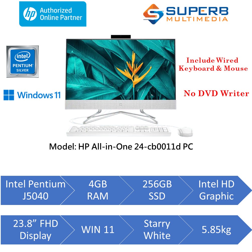 HP All-in-One 24-cb0011d PC (Intel Pentium J5040, 4gb ram, 256gb ssd ...