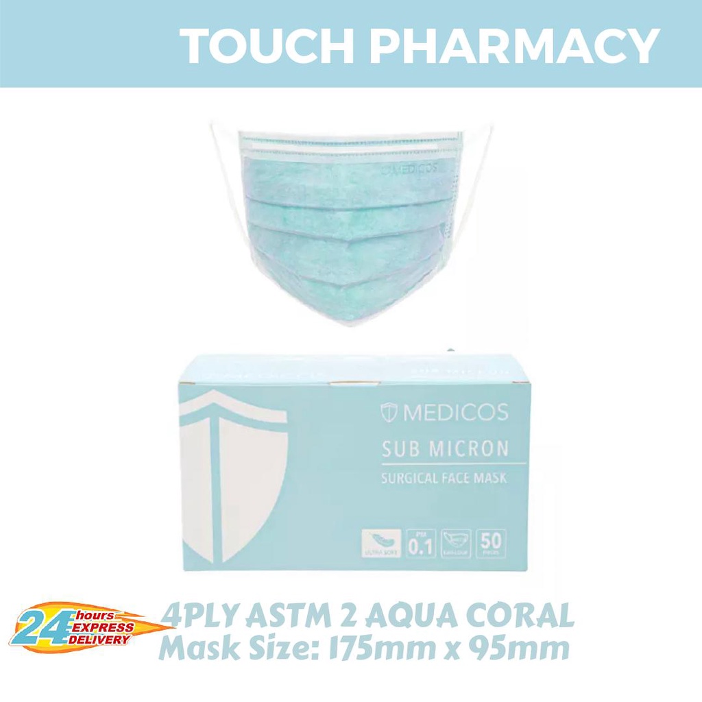 MEDICOS 4PLY ASTM 2 Ultra Soft Sub Micron Surgical Face Mask 50's (LUMI ...