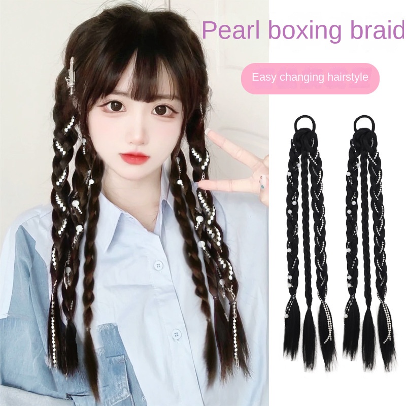 Sweet Cool Boxing Braids Double Pearl Braids Wig Female High Ponytail ...