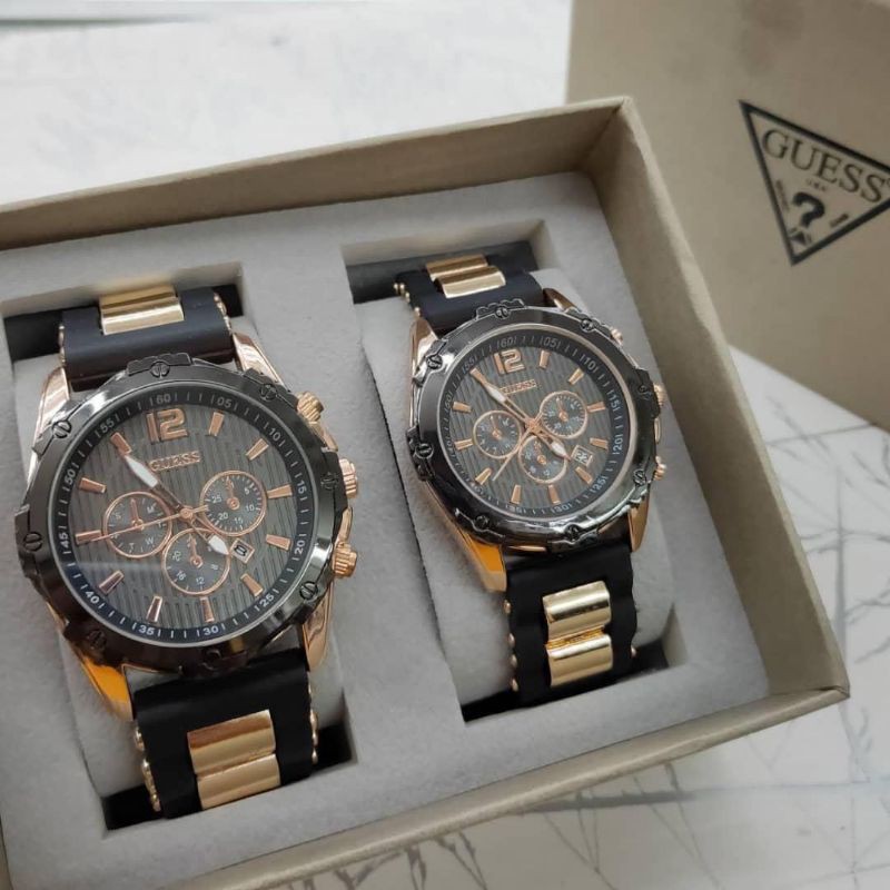 HOT ITEM Jam Tangan Guess Couple Set Blue Black Lelaki Wanita With Box ...