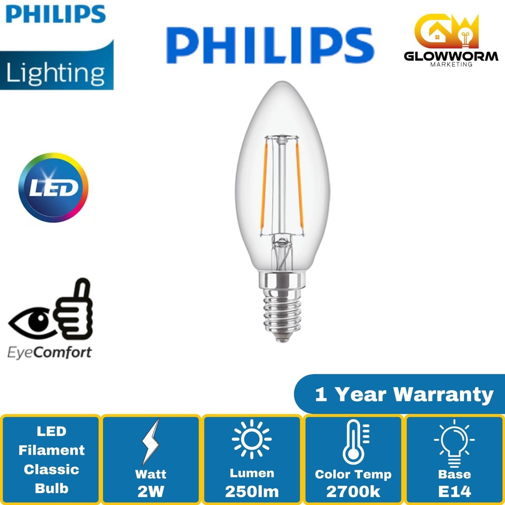 Philips LED Filament Classic B35 E14 (2W 2700k) | Shopee Malaysia