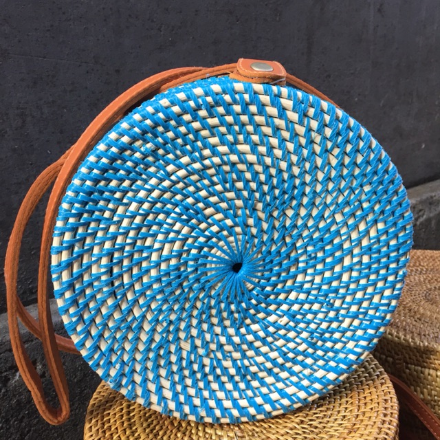 Rattan Bag / Round Bag / Raisa Bag / Balinese Bag / Plain blue rattan ...