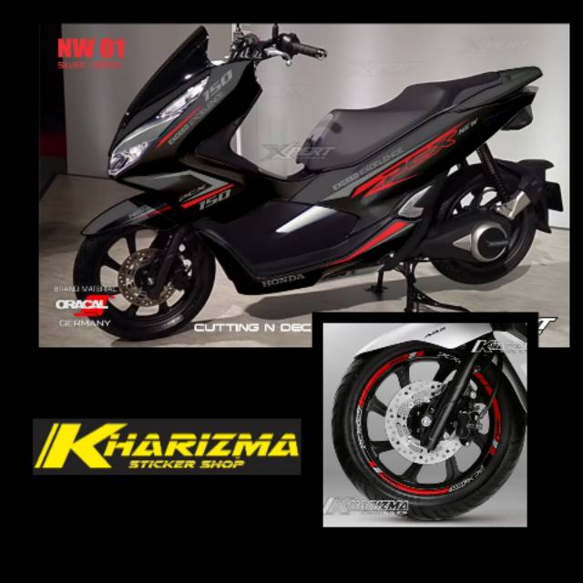 MERAH HITAM Honda PCX black Cutting sticker with red and silver ...