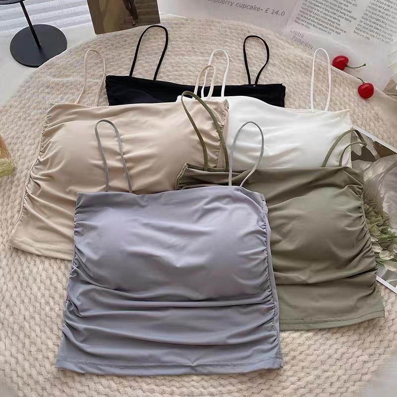 (READY STOCK) Alaine Ice Silk Padded Strap Crop Singlet Top ...