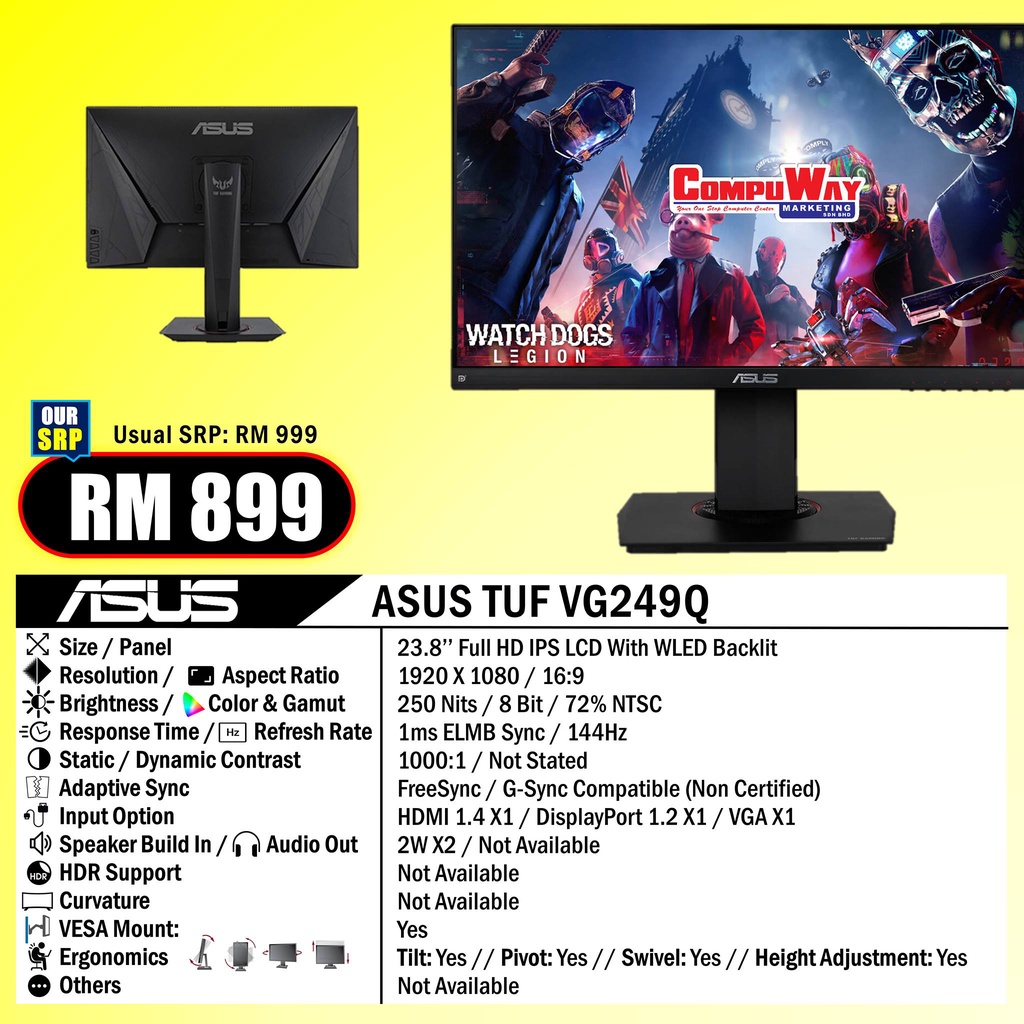 ASUS TUF VG249Q GAMING MONITOR (FHD/IPS/23.8"/144HZ/1MS/FLAT) | Shopee ...