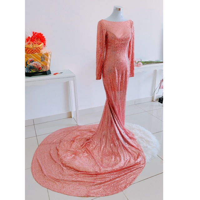 (Ready Stock) Glitter Korean Style Extra Long Tail Pink Evening Dinner ...